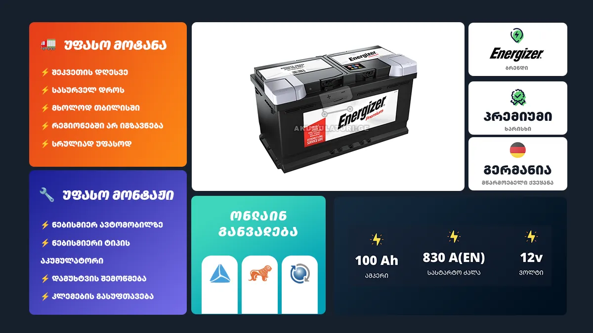 Energizer 100 Ah 12v 830 ენერჯაიზერი 100 ამპერი akumulatori